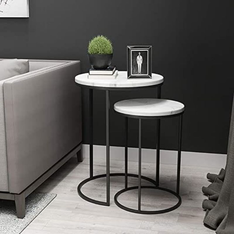 Side Table Set With marble Surface, 2 Pieces, Black- E24 | كيميت - kemitt
