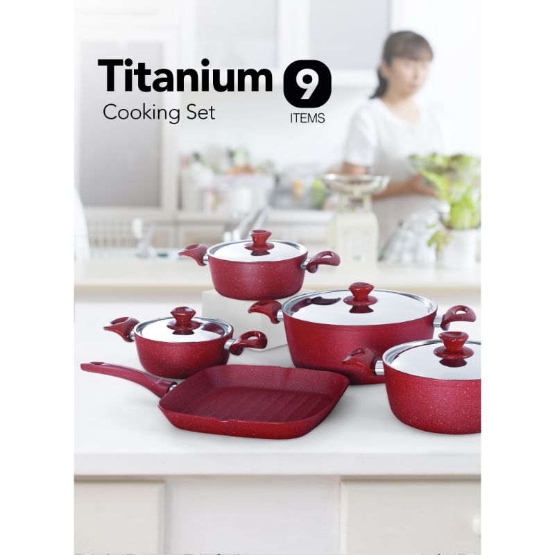 Grandi Titanium Cookware Set of 9PCS, Red - GT03 | كيميت - kemitt
